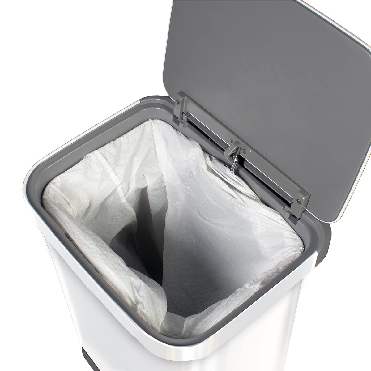 Glad Stainless Steel Step Trash Can with Clorox Odor Protection | Large Metal Kitchen Garbage Bin with Soft Close Lid, Foot Pedal and Waste Bag Roll Holder, 13 Gallon, White
