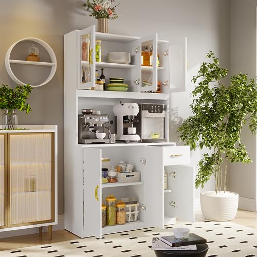 VOWNER 71'' Freestanding Pantry Cabinet with Buffet Cupboard, Kitchen Pantry Storage Cabinet with 6 Doors and Drawer, Utility Pantry for Kitchen, Dining Room,White