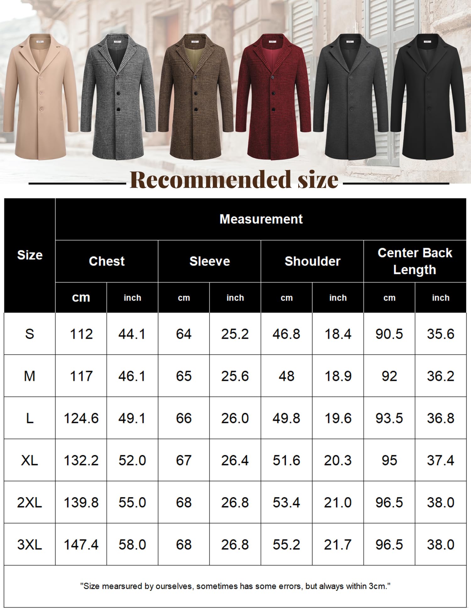COOFANDY Winter Coats Men Black Notched Collar Overcoat Mid-Long Winter Wool Trench Coat Black Business Peacoat Black L