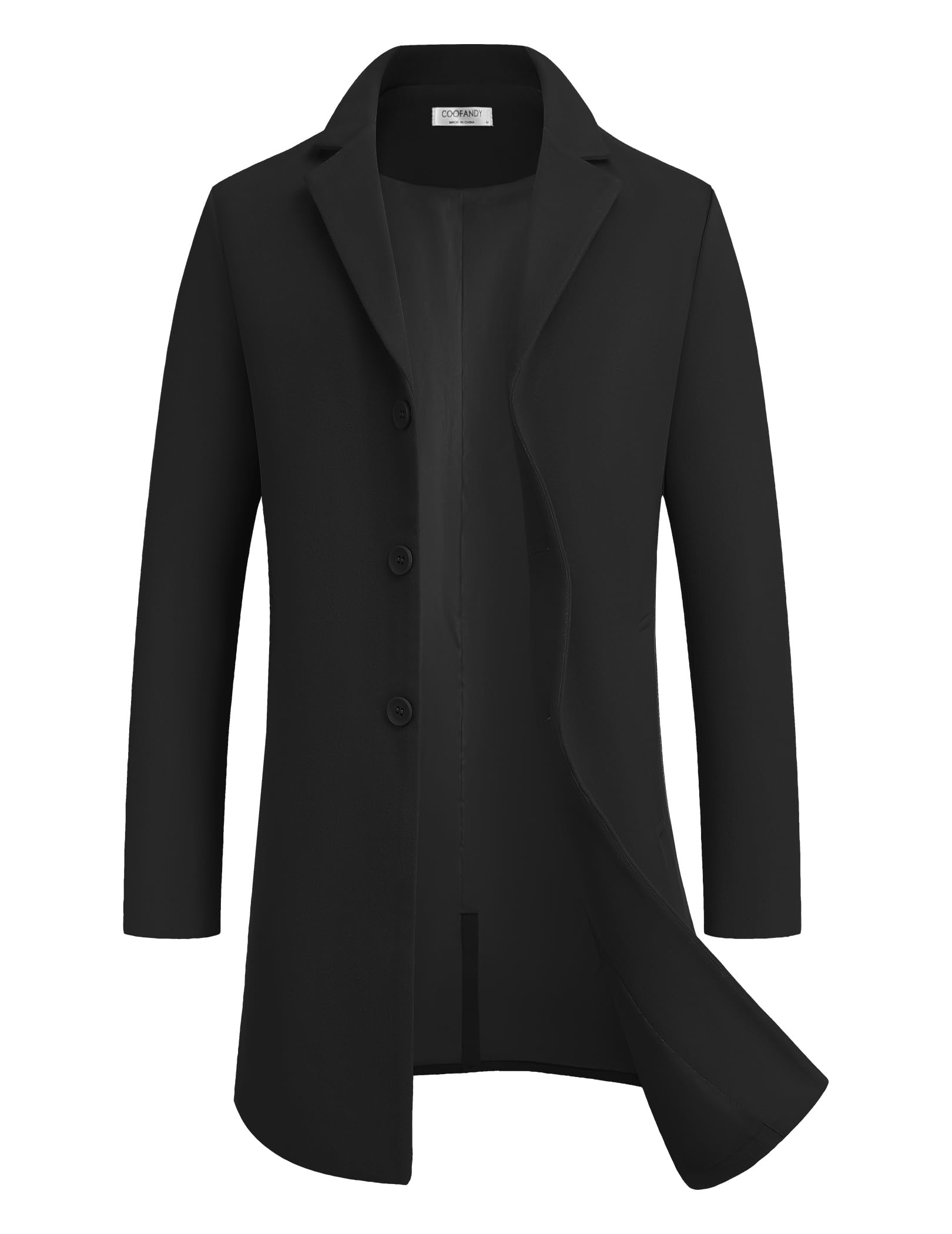 COOFANDY Winter Coats Men Black Notched Collar Overcoat Mid-Long Winter Wool Trench Coat Black Business Peacoat Black L