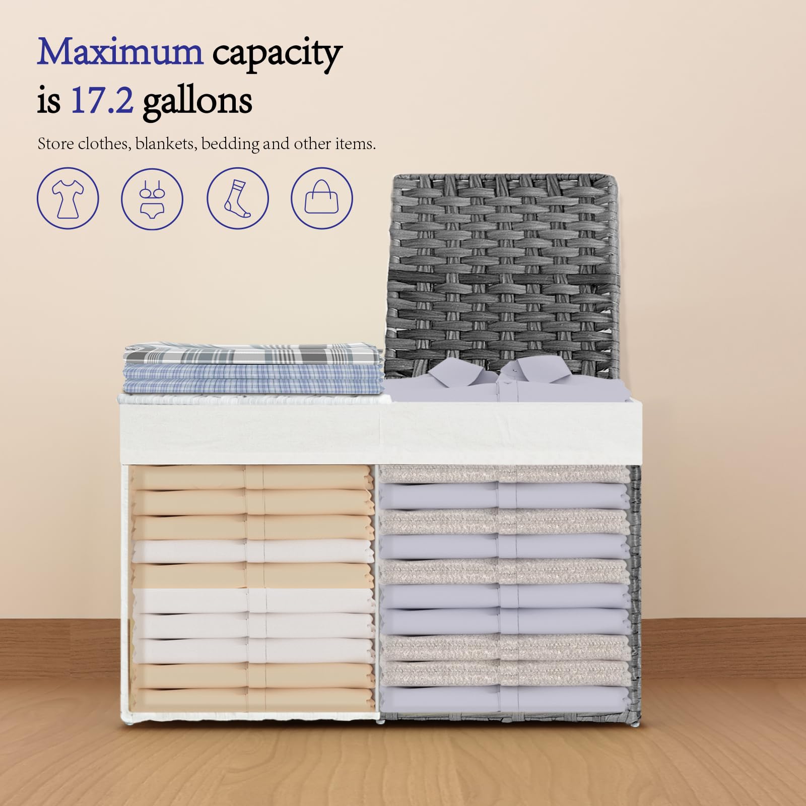 KUREEISE Storage Basket with Lid, 65L Woven Blanket Storage Basket with Handles, Removable Liner with Divide, Metal Frame, Storage Bin for Bedroom, Laundry Room(Gray-White)