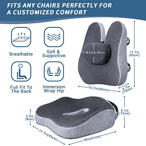 Memory Foam Seat Cushion & Lumbar Support Pillow for Office Chair Car Wheelchair, 3 Piece Chair Cushion Set with Adjustable Straps for Lower Back, Tailbone, Sciatica, Hip Pain Relief, CertiPUR-US
