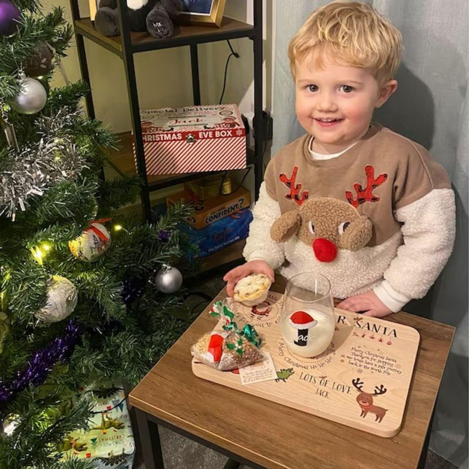 Personalized Christmas Eve Treats w/Wooden Santa Plate, Platter Board, Placemats