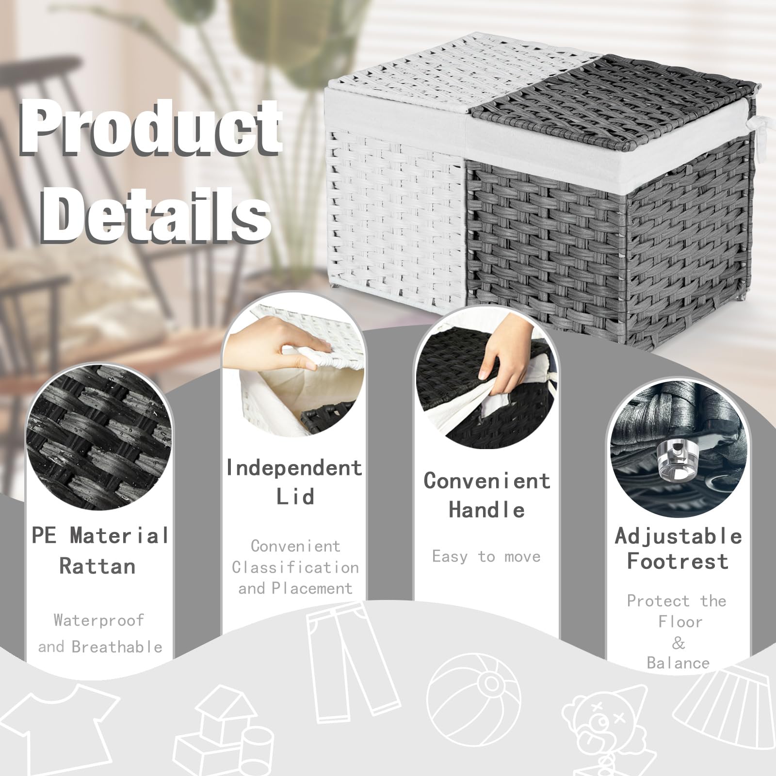 KUREEISE Storage Basket with Lid, 65L Woven Blanket Storage Basket with Handles, Removable Liner with Divide, Metal Frame, Storage Bin for Bedroom, Laundry Room(Gray-White)