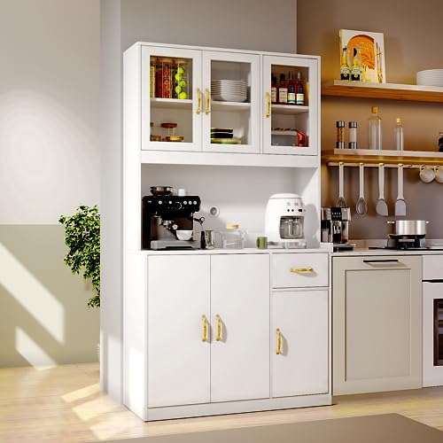 VOWNER 71'' Freestanding Pantry Cabinet with Buffet Cupboard, Kitchen Pantry Storage Cabinet with 6 Doors and Drawer, Utility Pantry for Kitchen, Dining Room,White