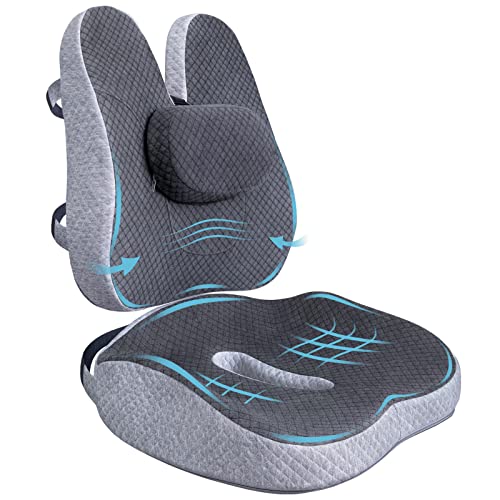 Memory Foam Seat Cushion & Lumbar Support Pillow for Office Chair Car Wheelchair, 3 Piece Chair Cushion Set with Adjustable Straps for Lower Back, Tailbone, Sciatica, Hip Pain Relief, CertiPUR-US