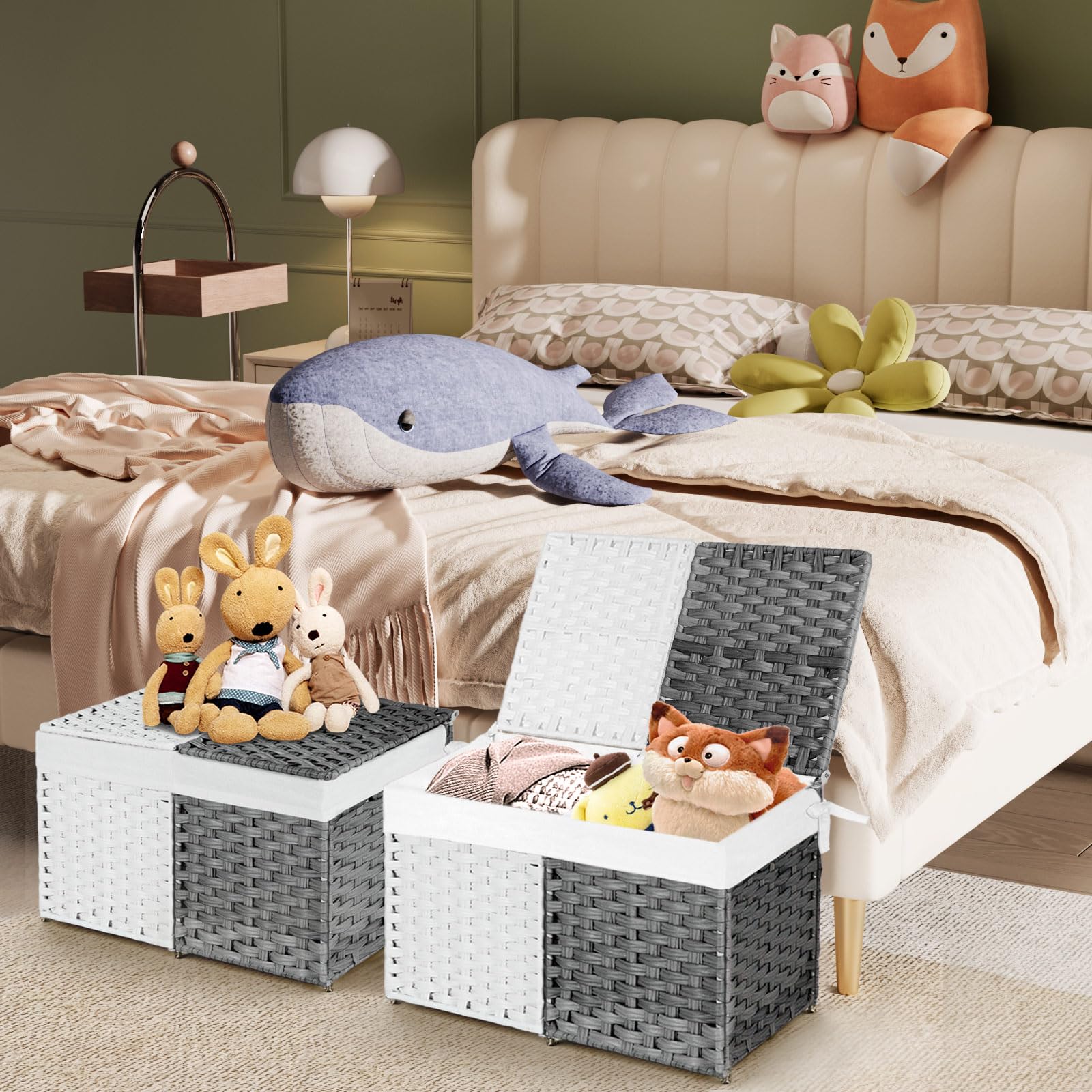 KUREEISE Storage Basket with Lid, 65L Woven Blanket Storage Basket with Handles, Removable Liner with Divide, Metal Frame, Storage Bin for Bedroom, Laundry Room(Gray-White)