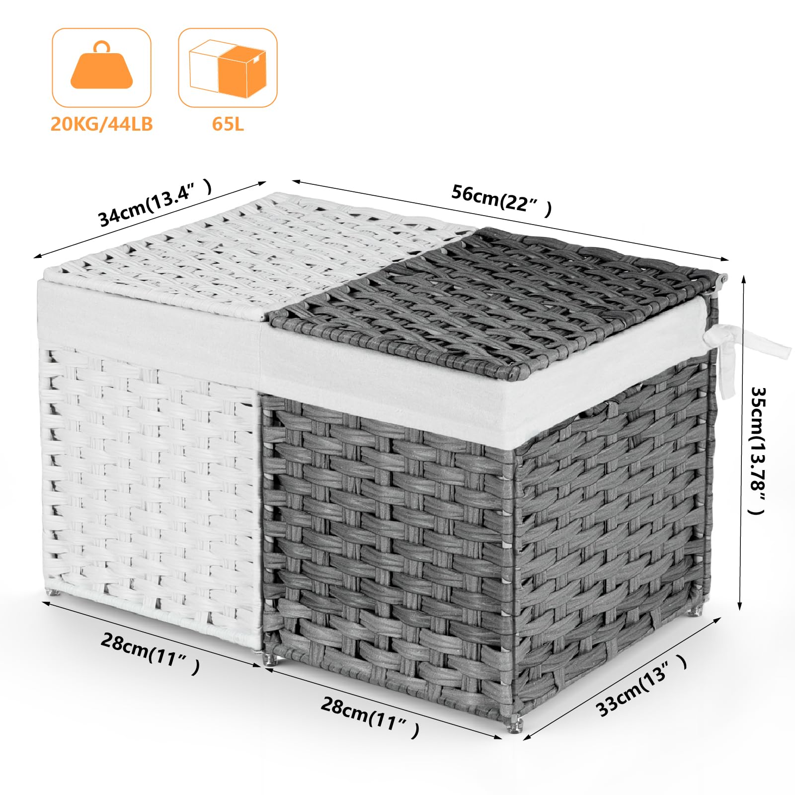 KUREEISE Storage Basket with Lid, 65L Woven Blanket Storage Basket with Handles, Removable Liner with Divide, Metal Frame, Storage Bin for Bedroom, Laundry Room(Gray-White)