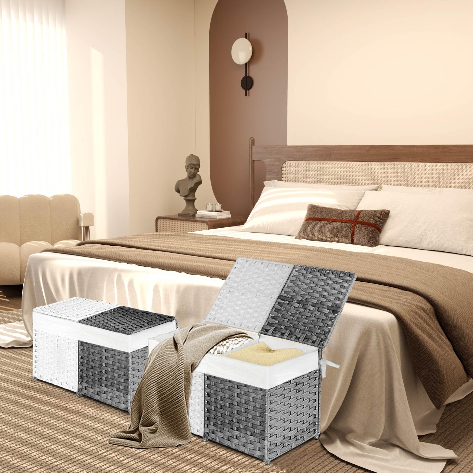KUREEISE Storage Basket with Lid, 65L Woven Blanket Storage Basket with Handles, Removable Liner with Divide, Metal Frame, Storage Bin for Bedroom, Laundry Room(Gray-White)