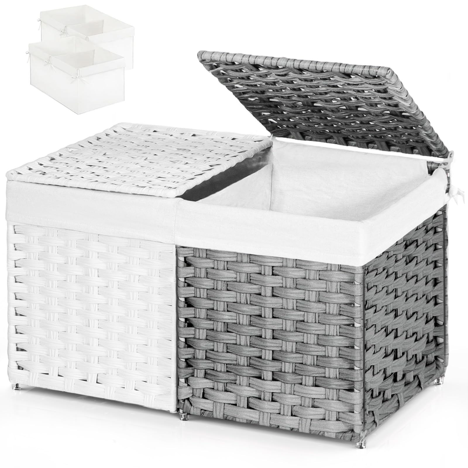 KUREEISE Storage Basket with Lid, 65L Woven Blanket Storage Basket with Handles, Removable Liner with Divide, Metal Frame, Storage Bin for Bedroom, Laundry Room(Gray-White)