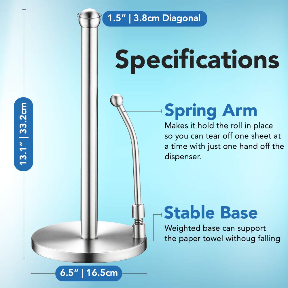 QUAL-LITE Stainless Steel Paper Towel Holder Stand - Weighted Paper Towel Organizer with Tension Arm for Any Tissue Roll Size - Modern Countertop Paper Towel Holder - Rust-Proof