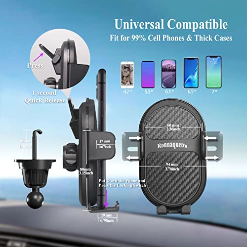 Ronnaquetta 360 Rotation Car Phone Holder, Quick Release, Adjustable, Compatible with 99% Phones, Black