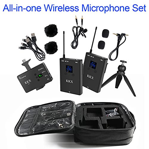 KKX UHF Wireless Lavalier Microphone System Professional Dual Transmitters Wireless Lapel Mic System Compatible with iPhone, DSLR Camera, Camcorder, Conference, Interview & YouTube
