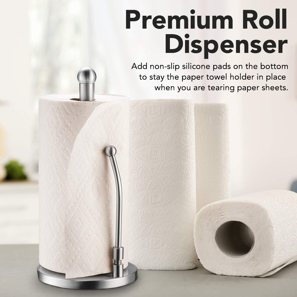 QUAL-LITE Stainless Steel Paper Towel Holder Stand - Weighted Paper Towel Organizer with Tension Arm for Any Tissue Roll Size - Modern Countertop Paper Towel Holder - Rust-Proof