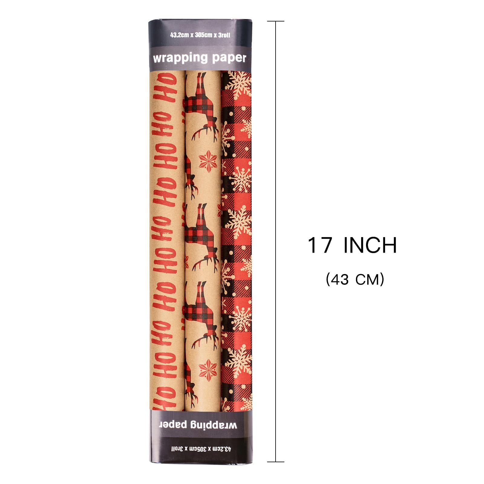LeZakaa Christmas Kraft Wrapping Paper - Mini Roll - Reindeer/Buffalo Plaid with Snowflake/HOHOHO Lettering for Gift Wrap, Arts Crafts - 17 x 120 inches - 3 Rolls (42.5 sq.ft.ttl.)
