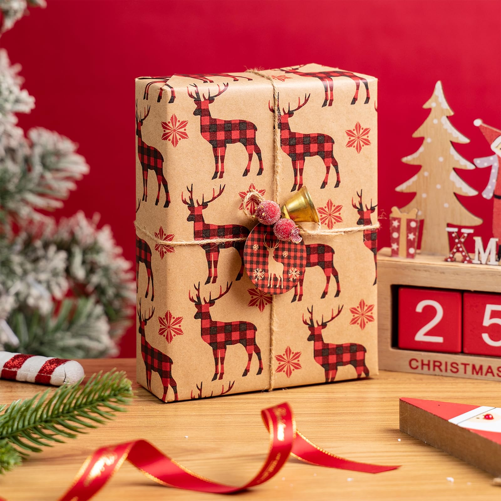 LeZakaa Christmas Kraft Wrapping Paper - Mini Roll - Reindeer/Buffalo Plaid with Snowflake/HOHOHO Lettering for Gift Wrap, Arts Crafts - 17 x 120 inches - 3 Rolls (42.5 sq.ft.ttl.)