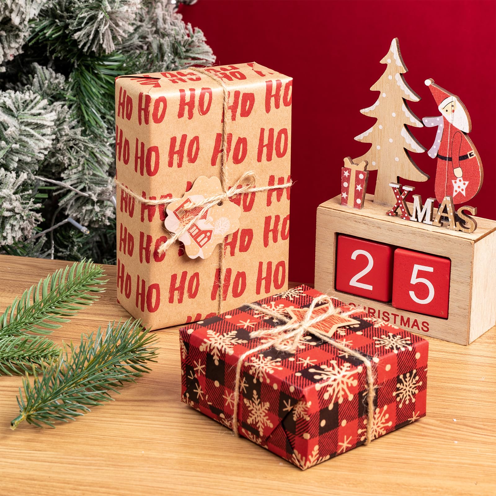LeZakaa Christmas Kraft Wrapping Paper - Mini Roll - Reindeer/Buffalo Plaid with Snowflake/HOHOHO Lettering for Gift Wrap, Arts Crafts - 17 x 120 inches - 3 Rolls (42.5 sq.ft.ttl.)