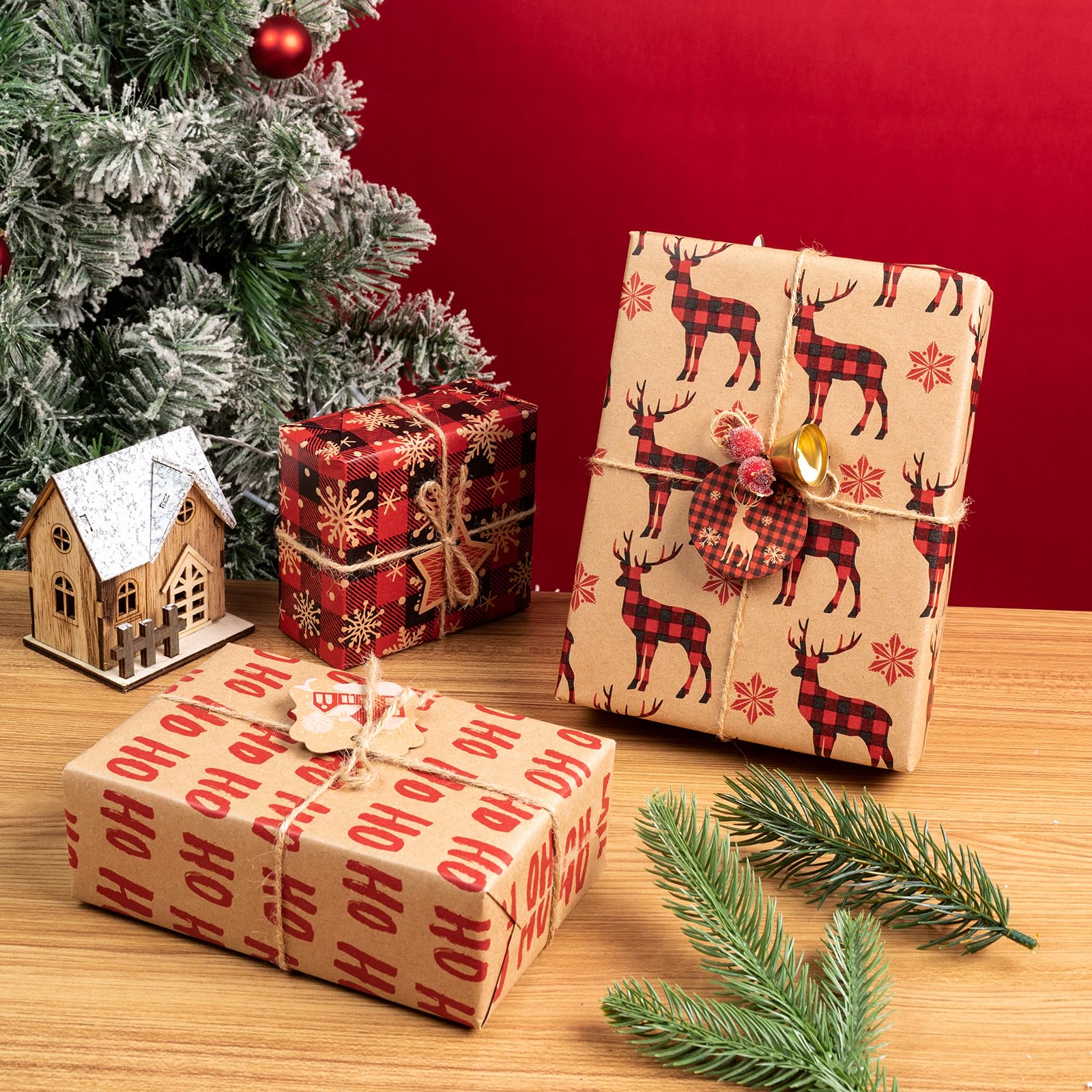 LeZakaa Christmas Kraft Wrapping Paper - Mini Roll - Reindeer/Buffalo Plaid with Snowflake/HOHOHO Lettering for Gift Wrap, Arts Crafts - 17 x 120 inches - 3 Rolls (42.5 sq.ft.ttl.)