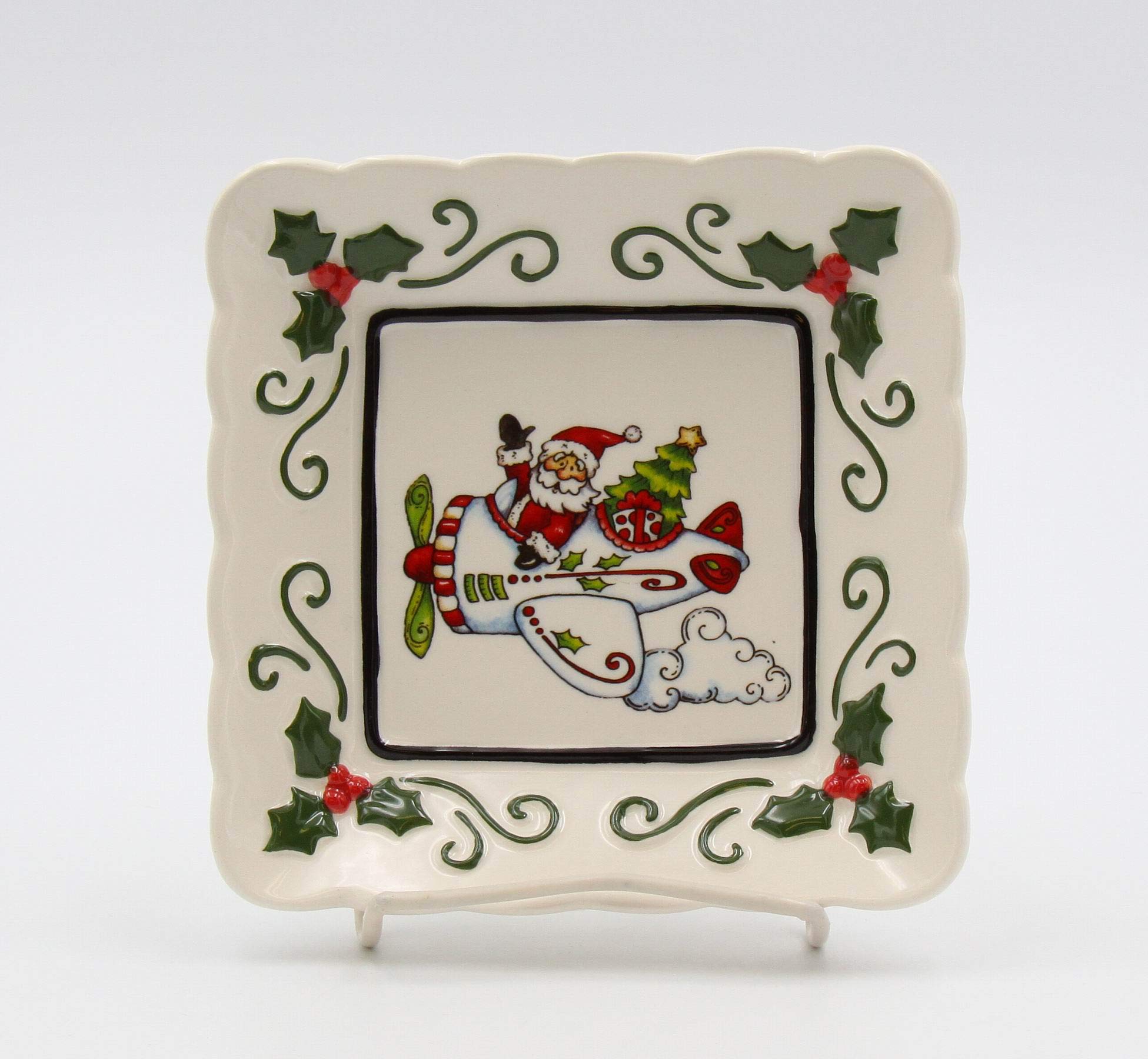 Fine Ceramic Santa Flying Airplane Square Dessert Appetizer Plates Set of 3 (3 pieces Set), 5-1/2"