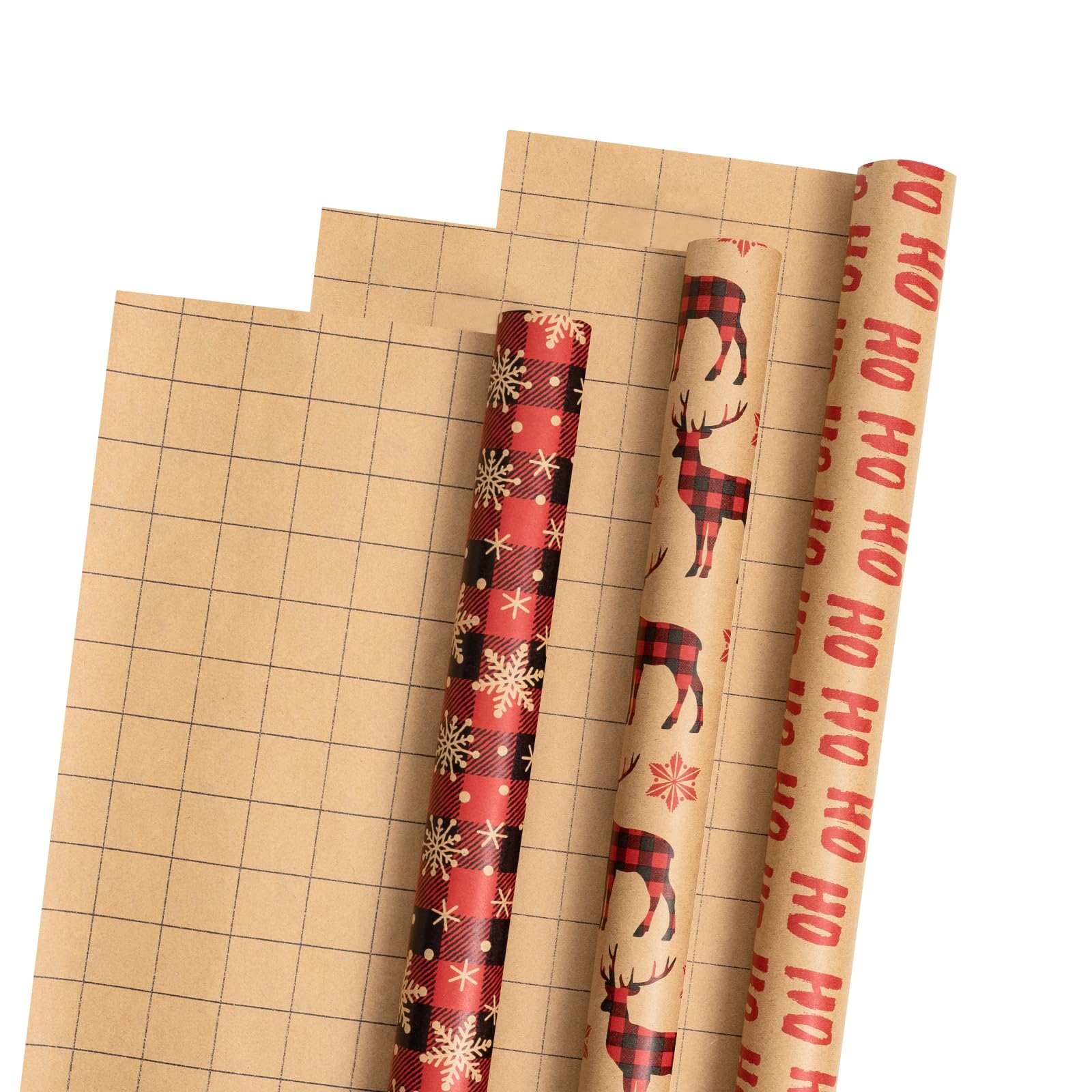 LeZakaa Christmas Kraft Wrapping Paper - Mini Roll - Reindeer/Buffalo Plaid with Snowflake/HOHOHO Lettering for Gift Wrap, Arts Crafts - 17 x 120 inches - 3 Rolls (42.5 sq.ft.ttl.)
