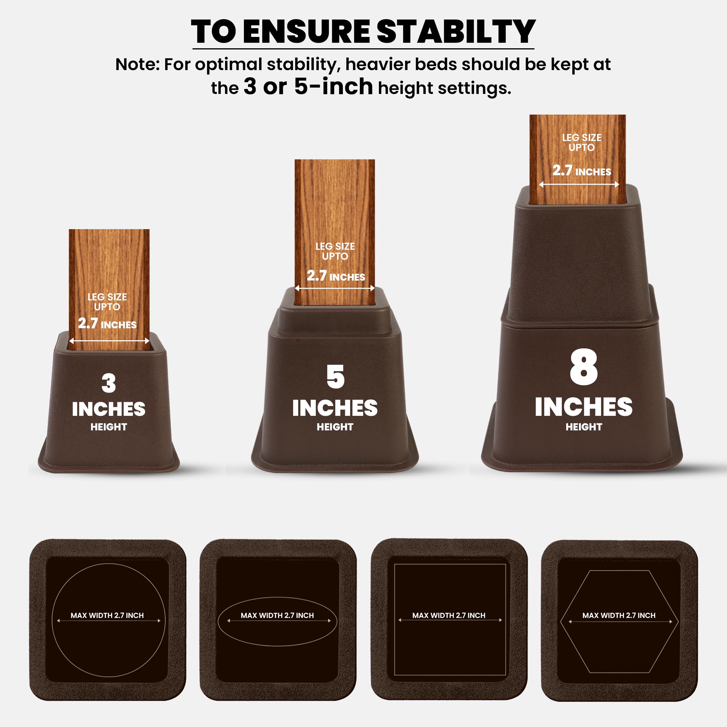 Utopia Bedding Adjustable Bed Furniture Risers - Elevation in Heights 3, 5 or 8 Inch Heavy Duty Risers for Beds and Under Bed Storage - Supports up to 1,300 lbs - (Set of 4 Riser, Brown)