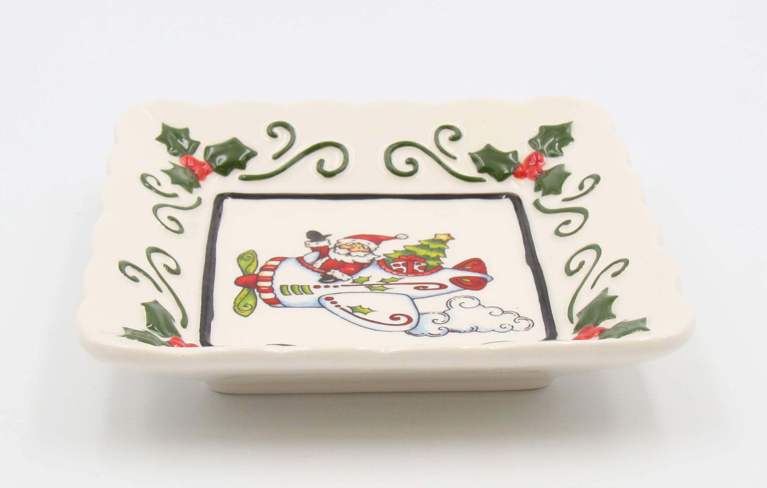 Fine Ceramic Santa Flying Airplane Square Dessert Appetizer Plates Set of 3 (3 pieces Set), 5-1/2"