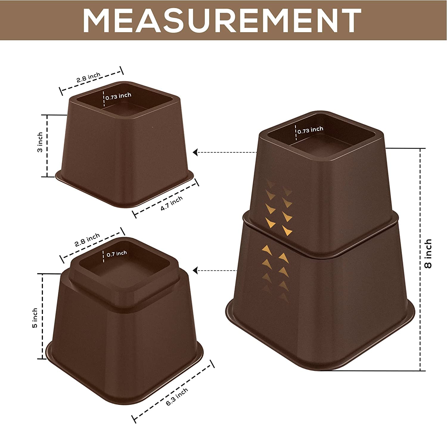 Utopia Bedding Adjustable Bed Furniture Risers - Elevation in Heights 3, 5 or 8 Inch Heavy Duty Risers for Beds and Under Bed Storage - Supports up to 1,300 lbs - (Set of 4 Riser, Brown)