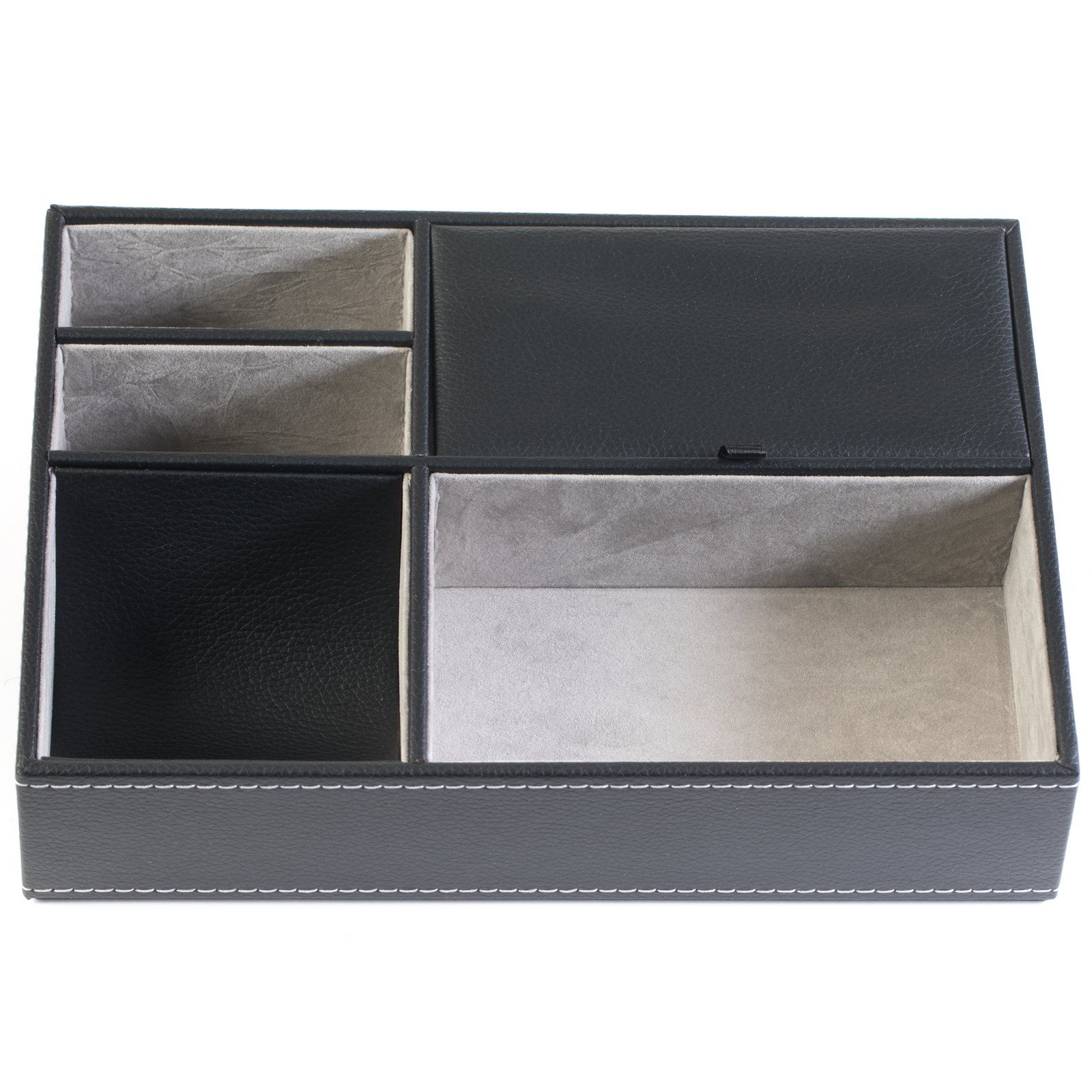 Huji Men's Black Leatherette Valet Jewelry Tray Display Showcase Insert Liner Organizer 5 Compartments Desk Car Home Dresser Keys Phone Wallet Coins