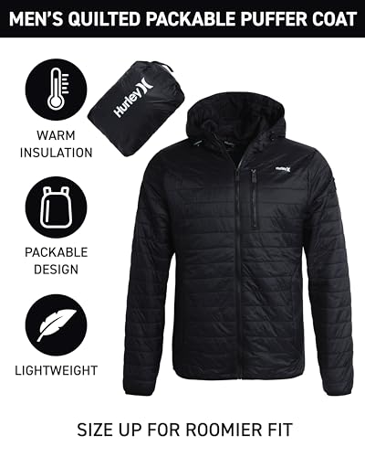 Hurley Men's Jacket - Balsam Lightweight Packable Puffer Coat - Weather Resistant Outerwear Windbreaker Coat for Men (M-XL), Size Medium, Black