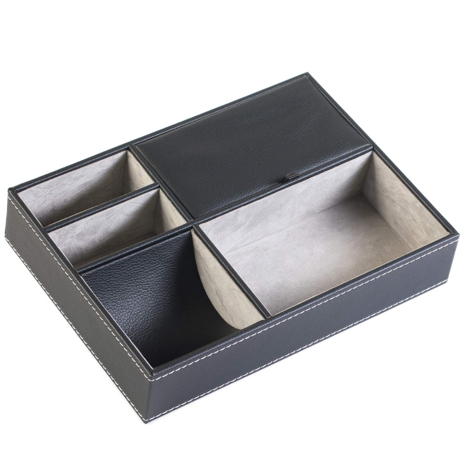 Huji Men's Black Leatherette Valet Jewelry Tray Display Showcase Insert Liner Organizer 5 Compartments Desk Car Home Dresser Keys Phone Wallet Coins