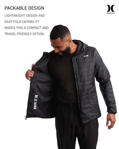 Hurley Men's Jacket - Balsam Lightweight Packable Puffer Coat - Weather Resistant Outerwear Windbreaker Coat for Men (M-XL), Size Medium, Black