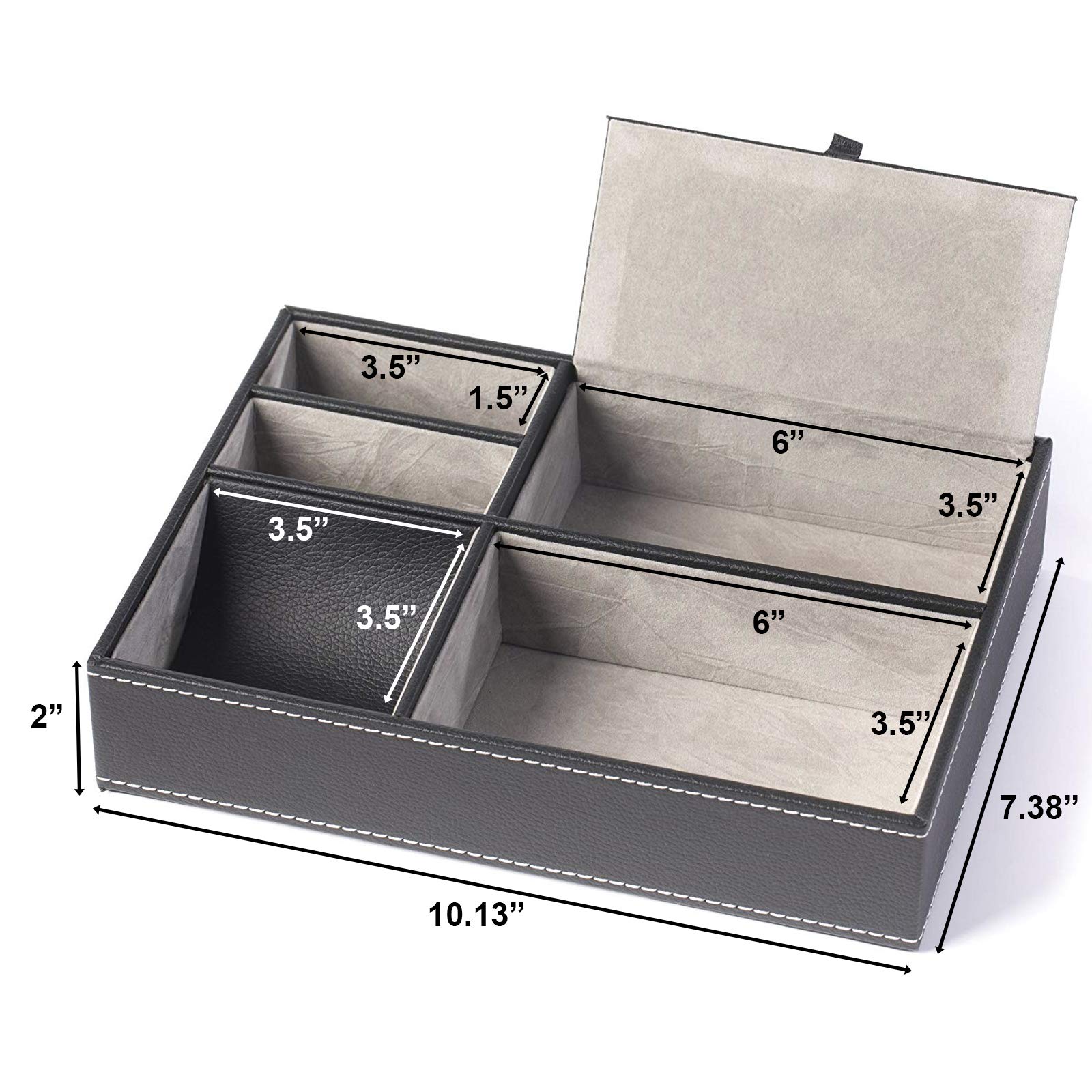 Huji Men's Black Leatherette Valet Jewelry Tray Display Showcase Insert Liner Organizer 5 Compartments Desk Car Home Dresser Keys Phone Wallet Coins