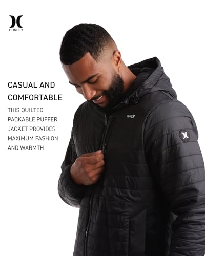 Hurley Men's Jacket - Balsam Lightweight Packable Puffer Coat - Weather Resistant Outerwear Windbreaker Coat for Men (M-XL), Size Medium, Black