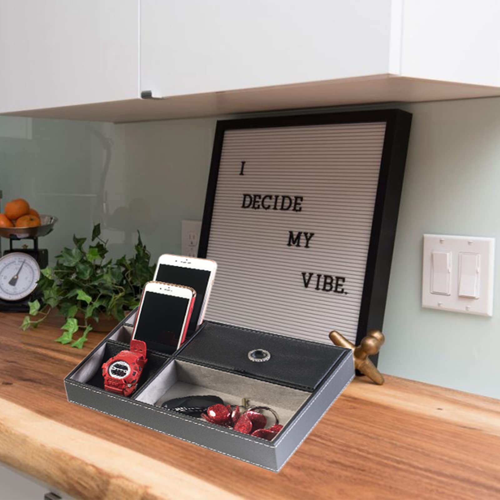 Huji Men's Black Leatherette Valet Jewelry Tray Display Showcase Insert Liner Organizer 5 Compartments Desk Car Home Dresser Keys Phone Wallet Coins