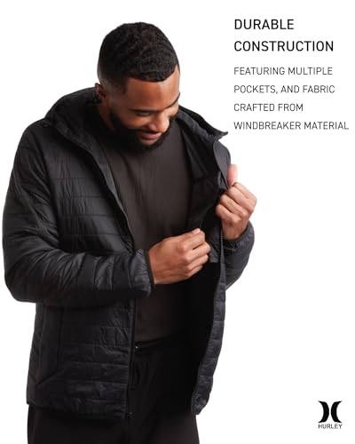 Hurley Men's Jacket - Balsam Lightweight Packable Puffer Coat - Weather Resistant Outerwear Windbreaker Coat for Men (M-XL), Size Medium, Black
