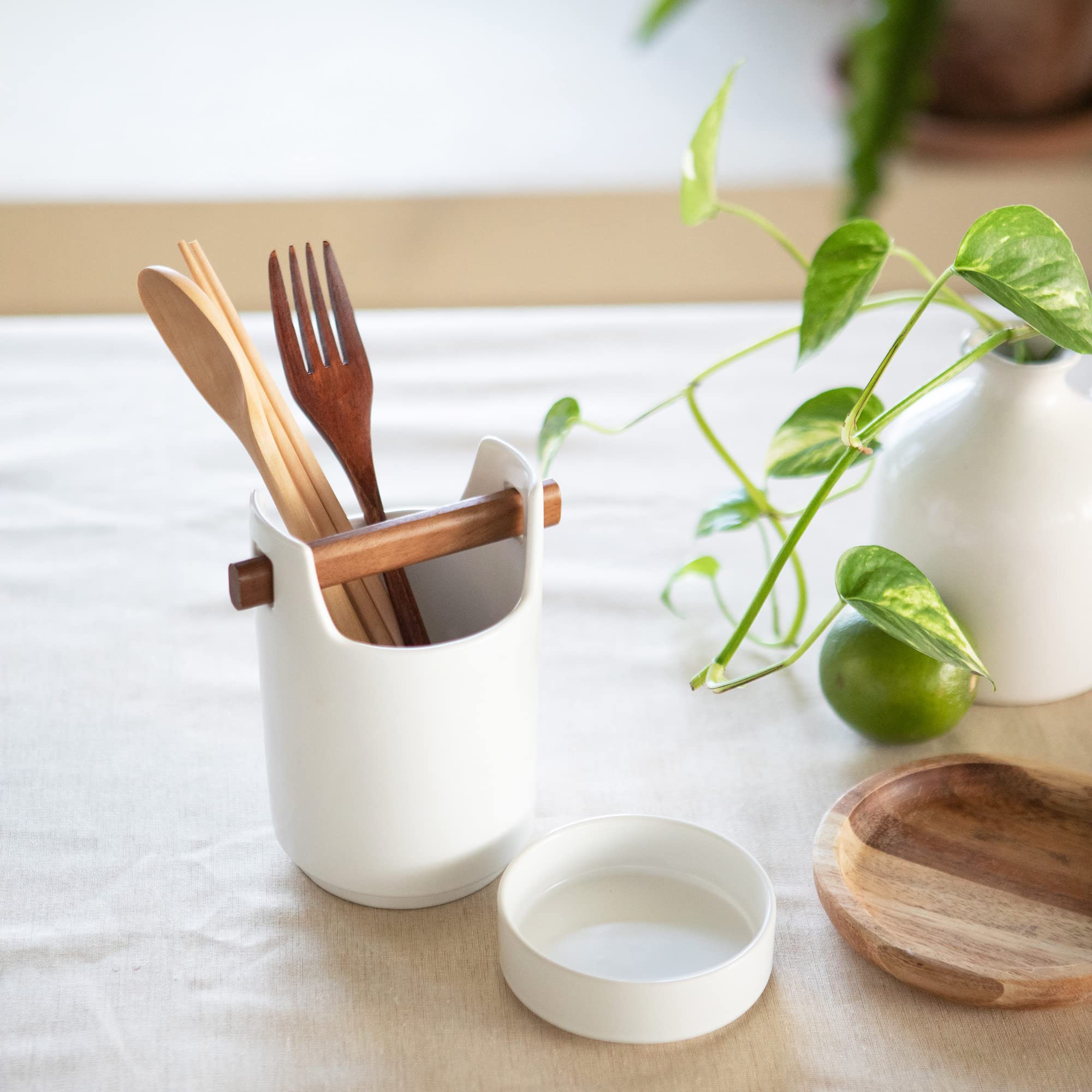 cusinine Kitchen Utensil Holder for Flatware, Silverware, Cutlery and Cooking Accessories, Wood and Ceramic, Countertop and Table Caddy (Blue)
