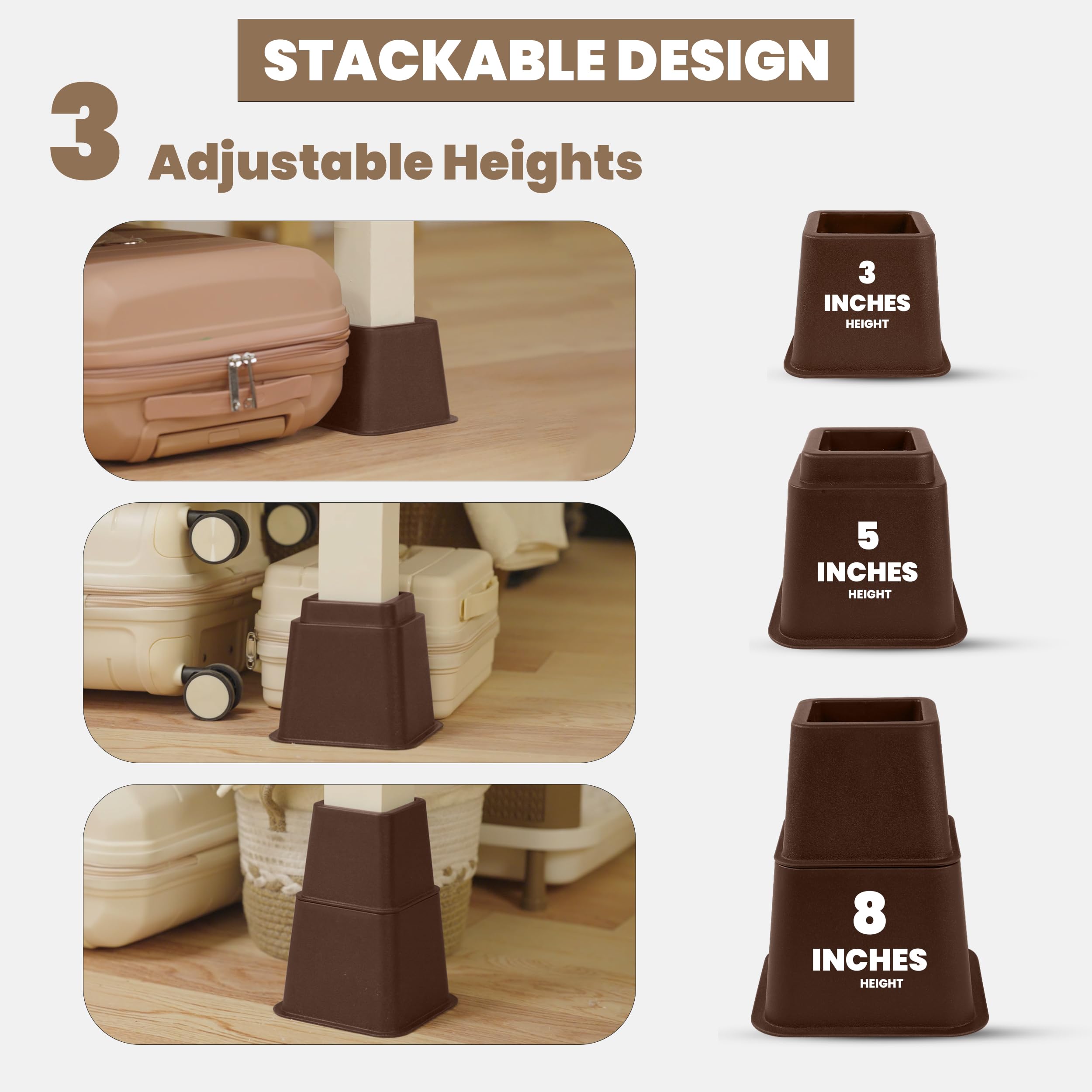 Utopia Bedding Adjustable Bed Furniture Risers - Elevation in Heights 3, 5 or 8 Inch Heavy Duty Risers for Beds and Under Bed Storage - Supports up to 1,300 lbs - (Set of 4 Riser, Brown)