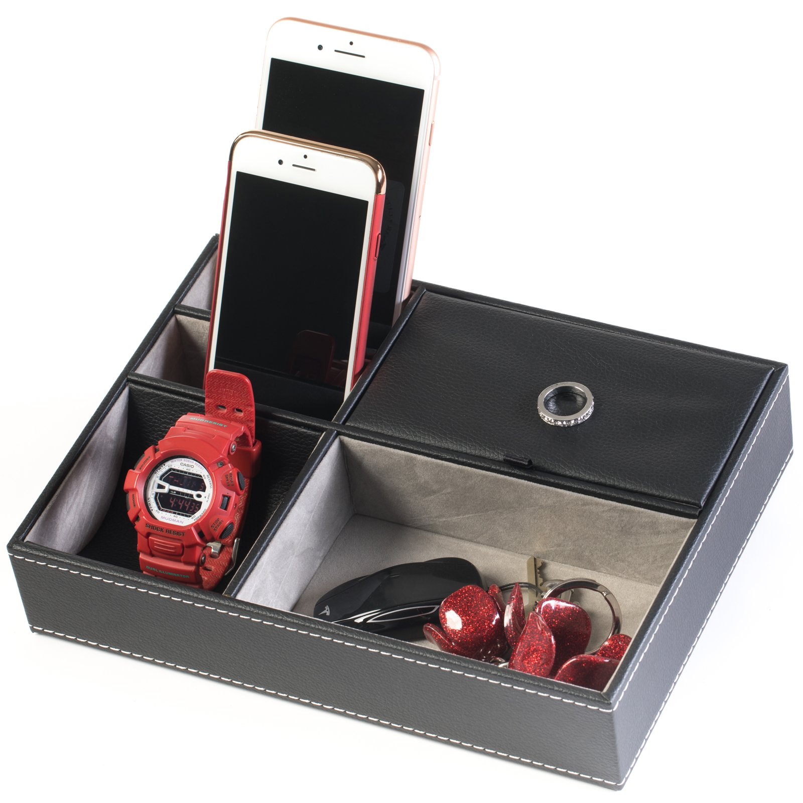Huji Men's Black Leatherette Valet Jewelry Tray Display Showcase Insert Liner Organizer 5 Compartments Desk Car Home Dresser Keys Phone Wallet Coins
