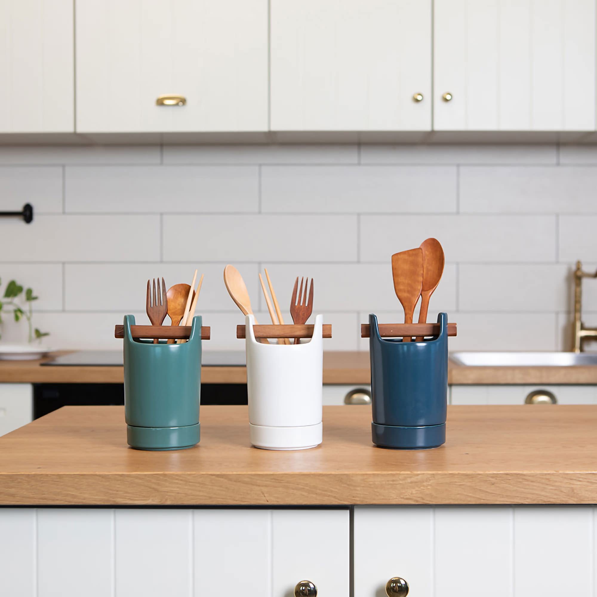 cusinine Kitchen Utensil Holder for Flatware, Silverware, Cutlery and Cooking Accessories, Wood and Ceramic, Countertop and Table Caddy (Blue)
