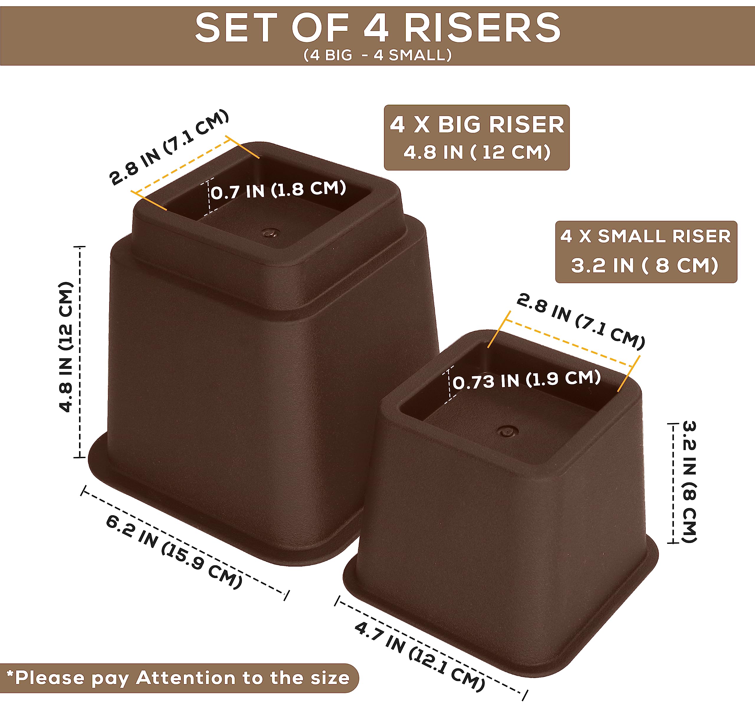 Utopia Bedding Adjustable Bed Furniture Risers - Elevation in Heights 3, 5 or 8 Inch Heavy Duty Risers for Beds and Under Bed Storage - Supports up to 1,300 lbs - (Set of 4 Riser, Brown)