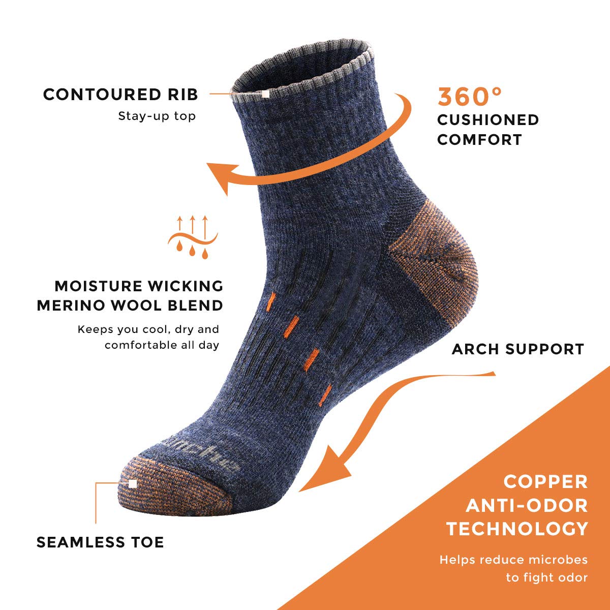 Avalanche Men's Odor Resistant Copper Wool Blend Quarter Socks With Arch Support 2Pack Black 10-13