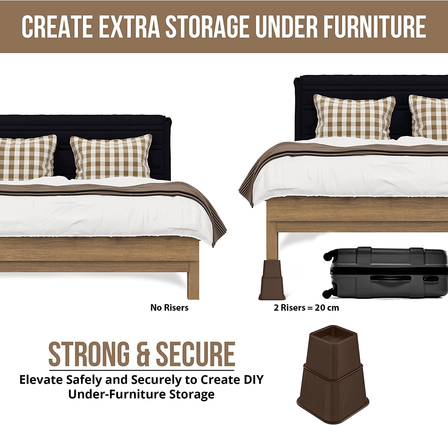 Utopia Bedding Adjustable Bed Furniture Risers - Elevation in Heights 3, 5 or 8 Inch Heavy Duty Risers for Beds and Under Bed Storage - Supports up to 1,300 lbs - (Set of 4 Riser, Brown)