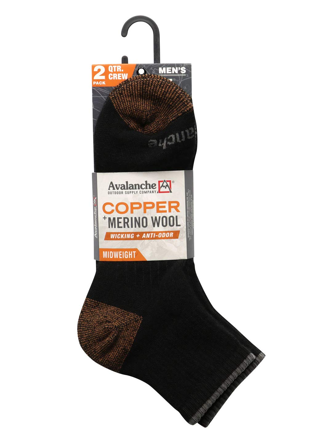 Avalanche Men's Odor Resistant Copper Wool Blend Quarter Socks With Arch Support 2Pack Black 10-13