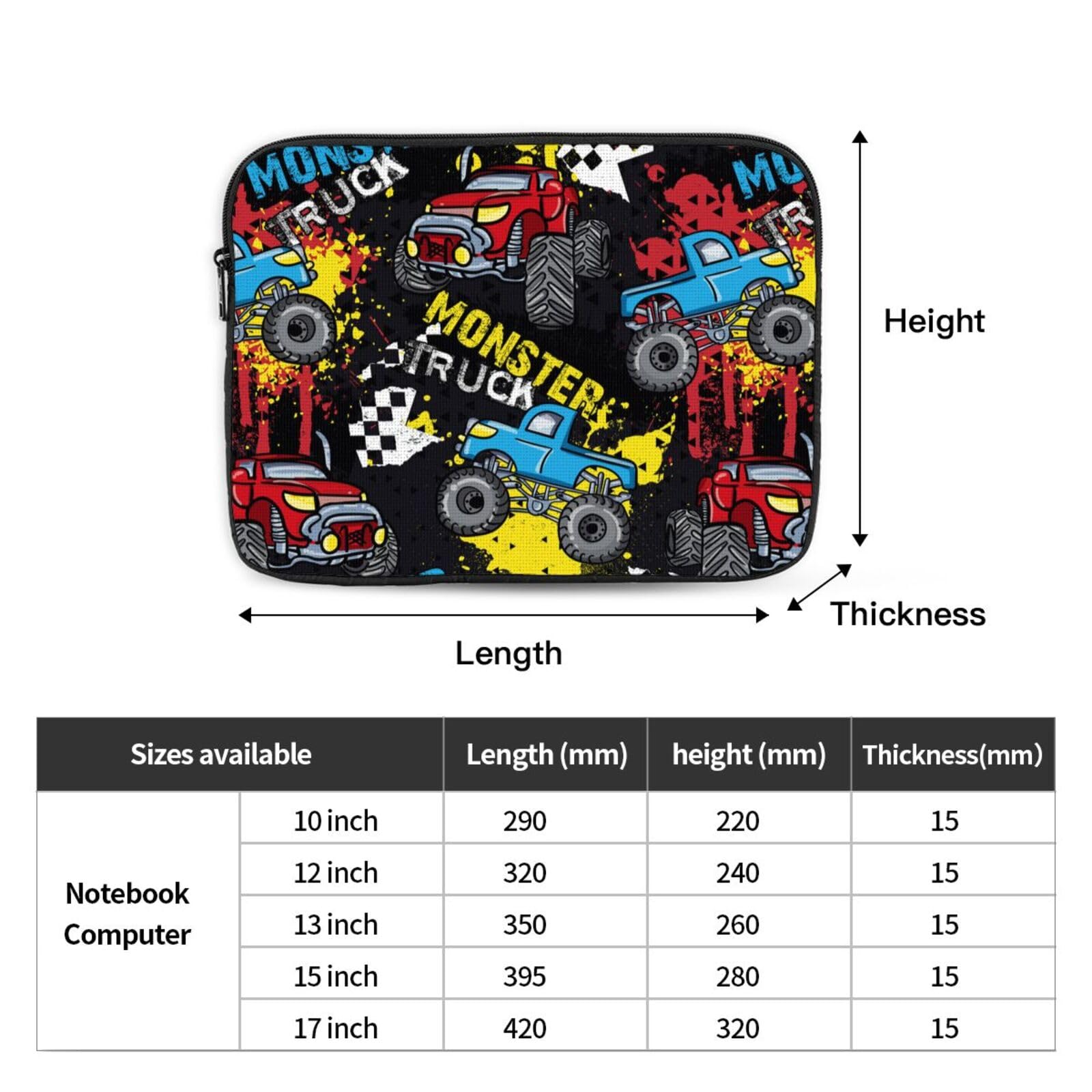 Boy Monster Truck Blue Car 13 inch Portable Laptop Sleeve Compatible with MacBook Air Notebook Computer Case for Men Women College School Students