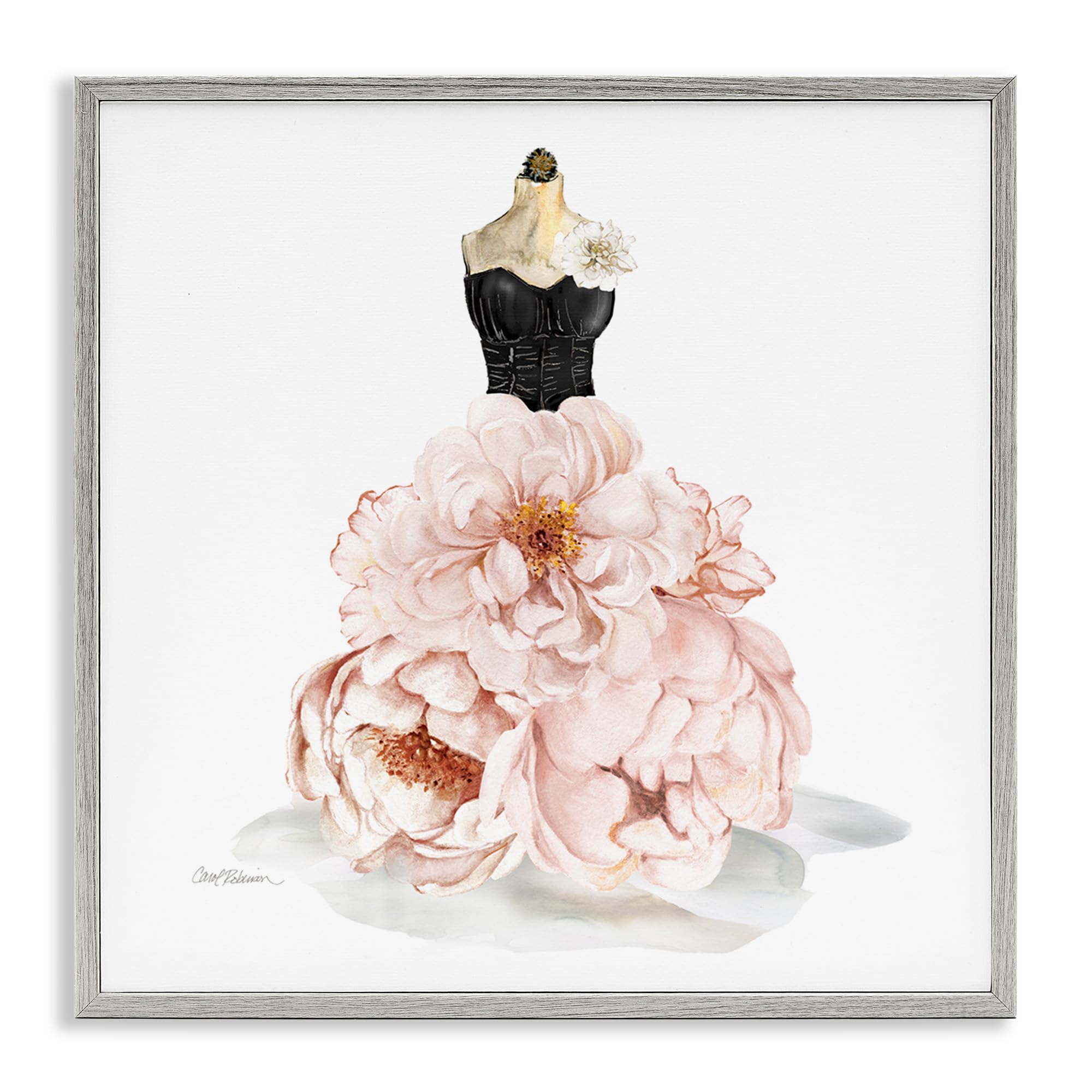 Stupell Industries Pink Peonies Floral Dress Black Corset Fashion Mannequin, Designed by Carol Robinson Gray Framed Wall Art, 24x24