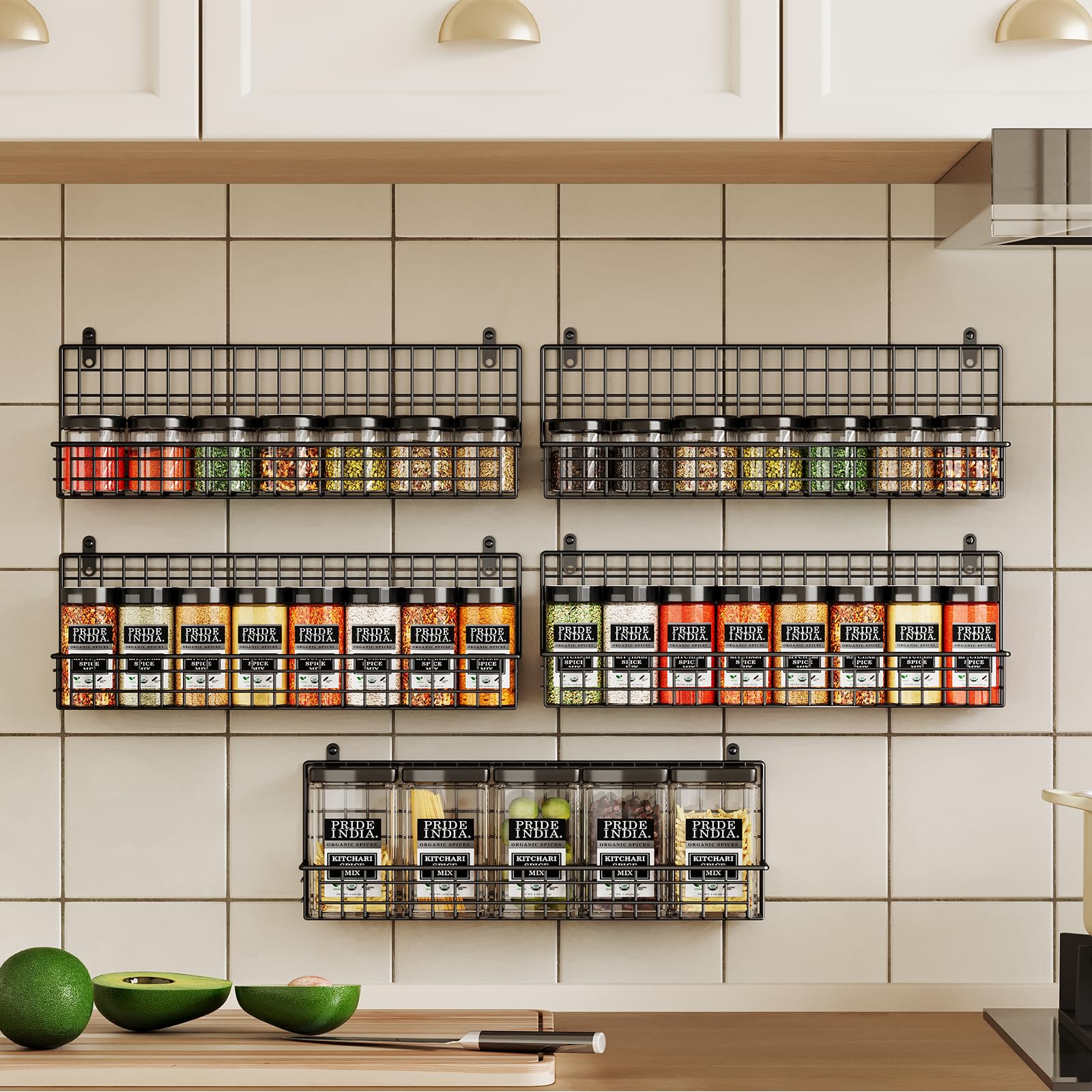 Spice Rack Organizer Wall Mounted 5-Tier Stackable Hanging Spice Jars Storage Racks,Great for Kitchen and Pantry,Up to Storage 48 Jars(Patent No.:D909138S)
