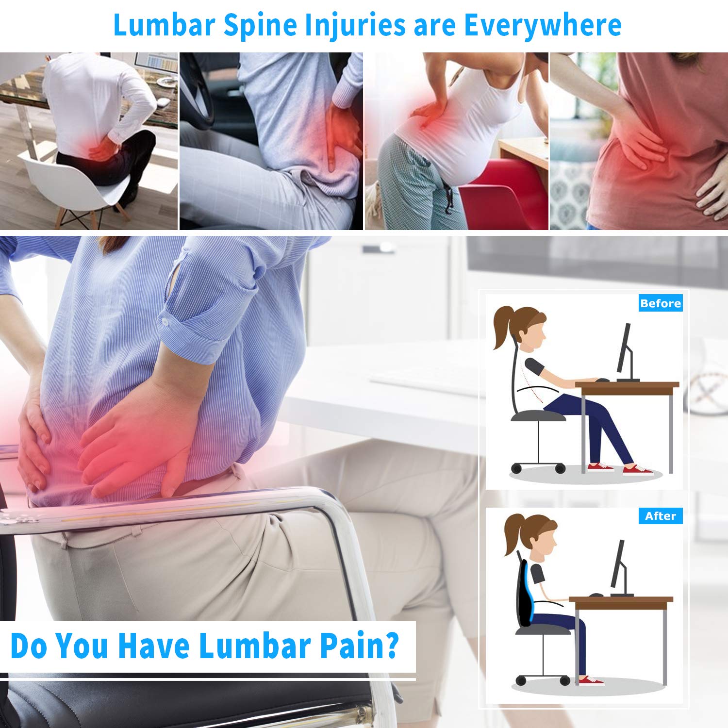 Lumbar Support Pillow,Memory Foam Back Support for Office Chair,Computer Chair,Car Seat,Recliner and Couch with Breathable 3D Mesh Cover,Ergonomic Design Orthopedic Backrest for Back Pain Relief