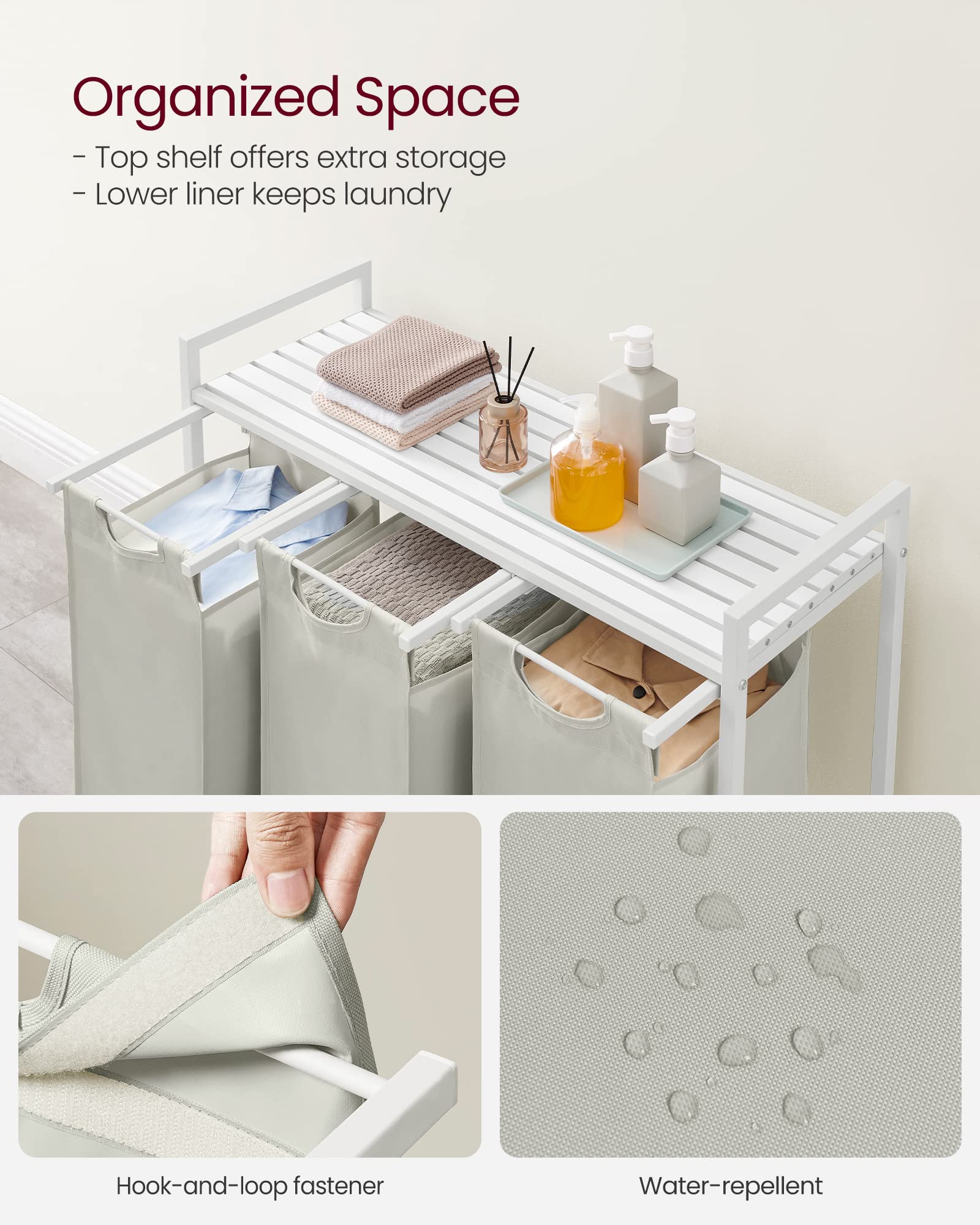 VASAGLE Laundry Hamper, Laundry Basket, Laundry Sorter with 3 Pull-Out and Removable Bags, Shelf, Metal Frame, 3 x 10 Gallons (38L), 36.4 x 13 x 28.4 Inches, White UBLH301W01