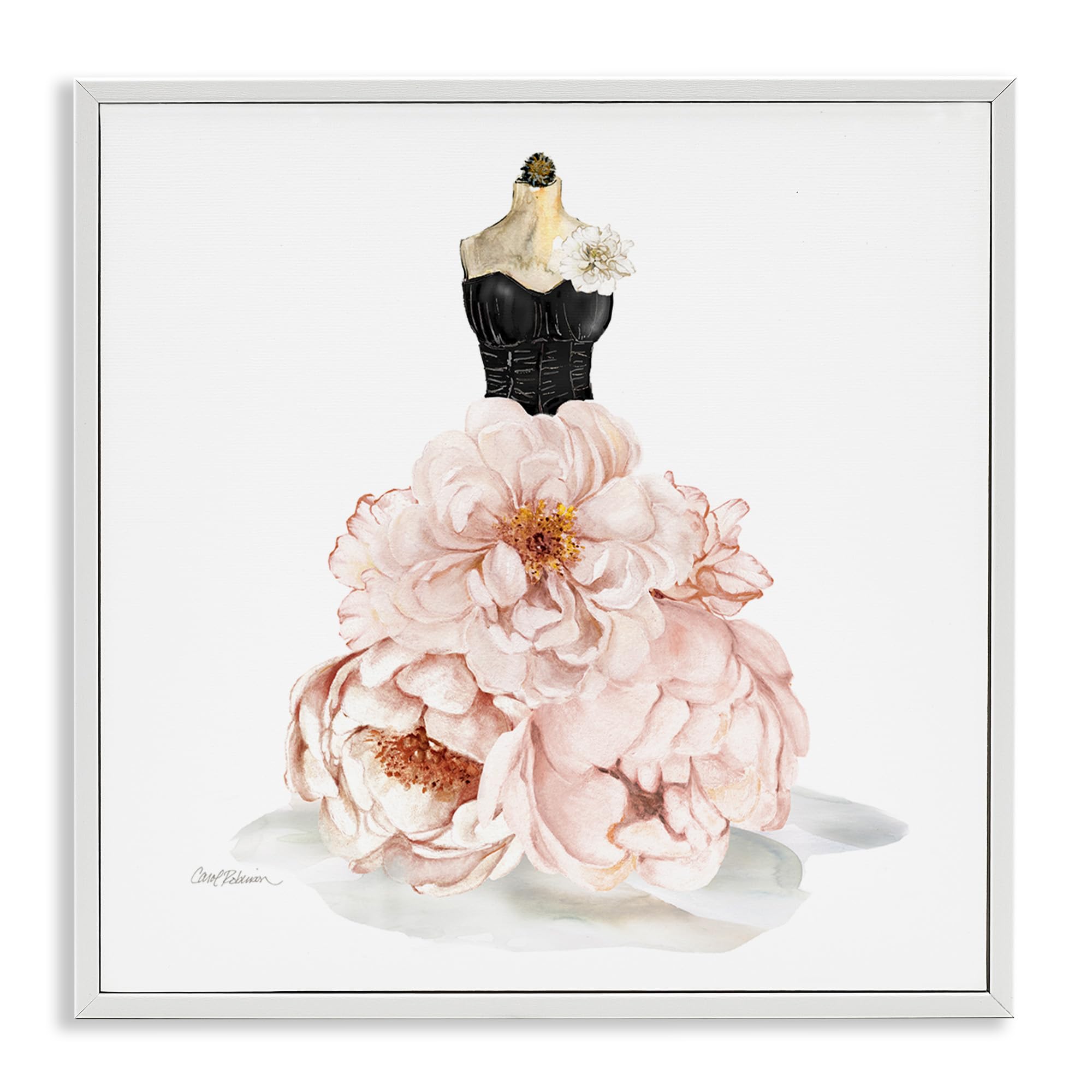 Stupell Industries Pink Peonies Floral Dress Black Corset Fashion Mannequin, Designed by Carol Robinson White Framed Wall Art, 24x24