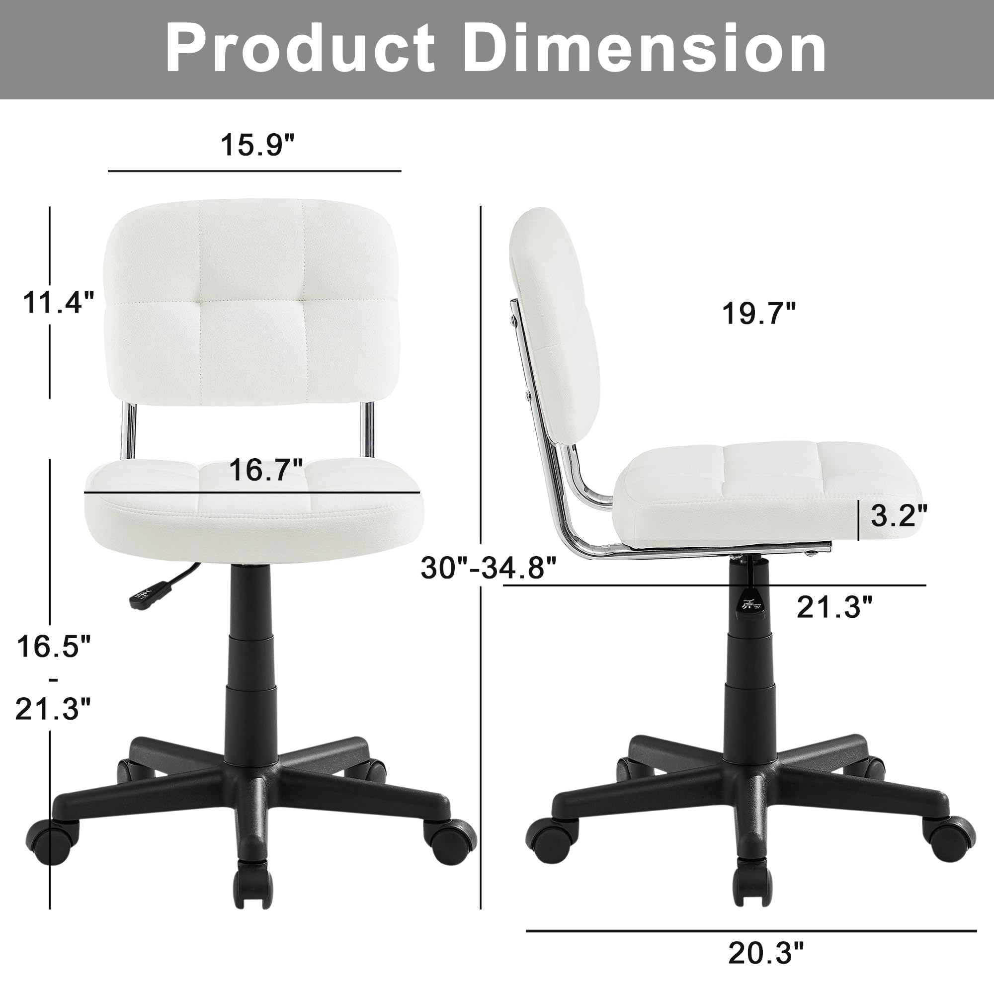VECELO Modern Armless Home Office Desk Chair, 360°Rolling Swivel Adjustable Height for Make Up/Bed Room/Small Space, Linen Fabric, White